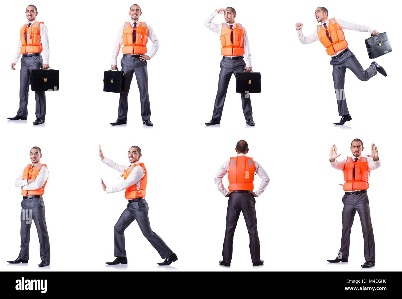 Man in life jacket isolated on white Stock Photo - Alamy