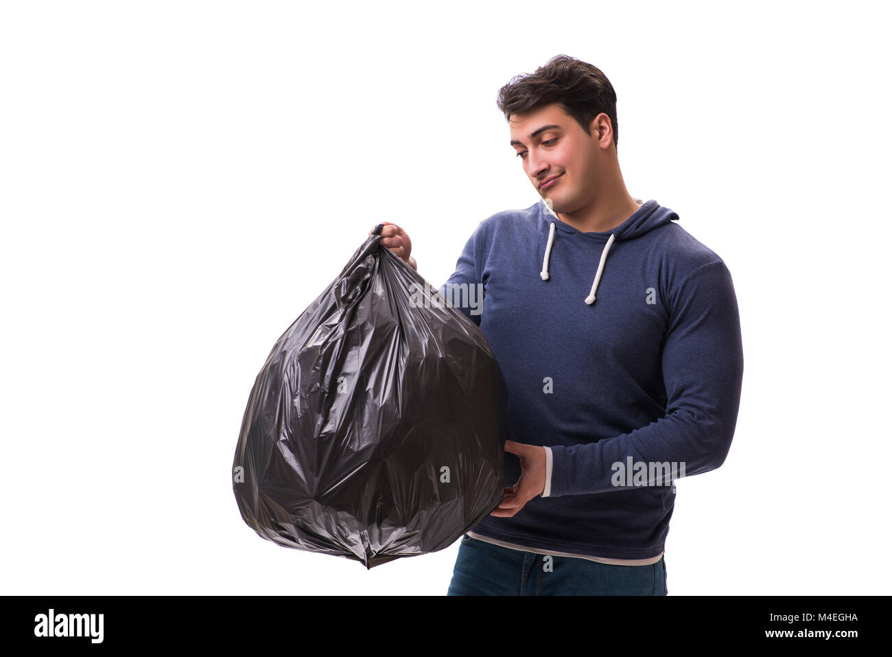 Man with garbage sack isolated on white Stock Photo - Alamy