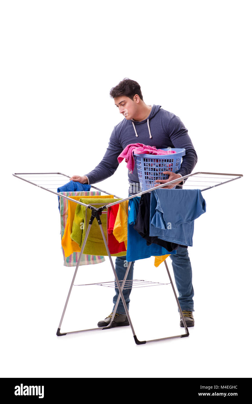Husband man doing laundry isolated on white Stock Photo - Alamy