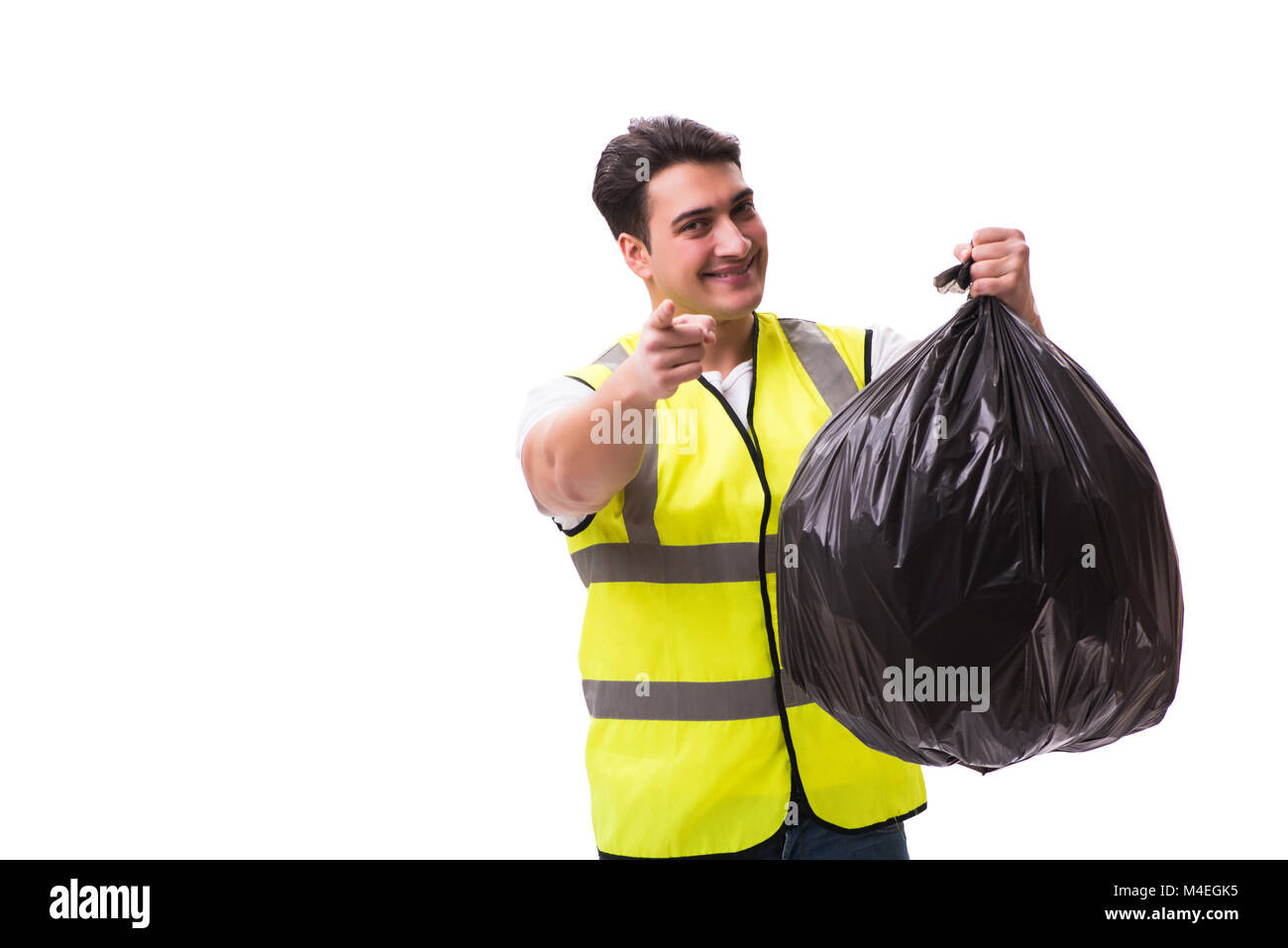 Man with garbage sack isolated on white Stock Photo - Alamy