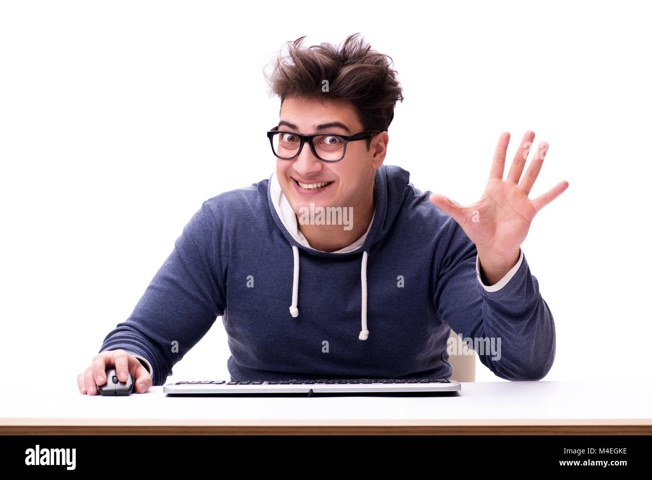 Funny nerd man working on computer isolated on white Stock Photo - Alamy