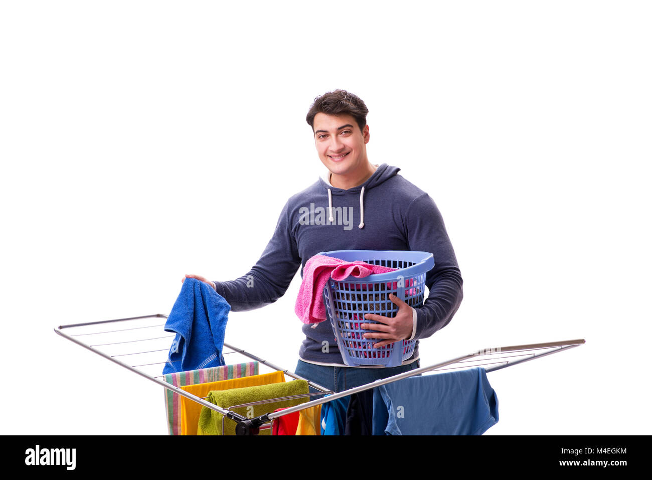 Husband man doing laundry isolated on white Stock Photo - Alamy
