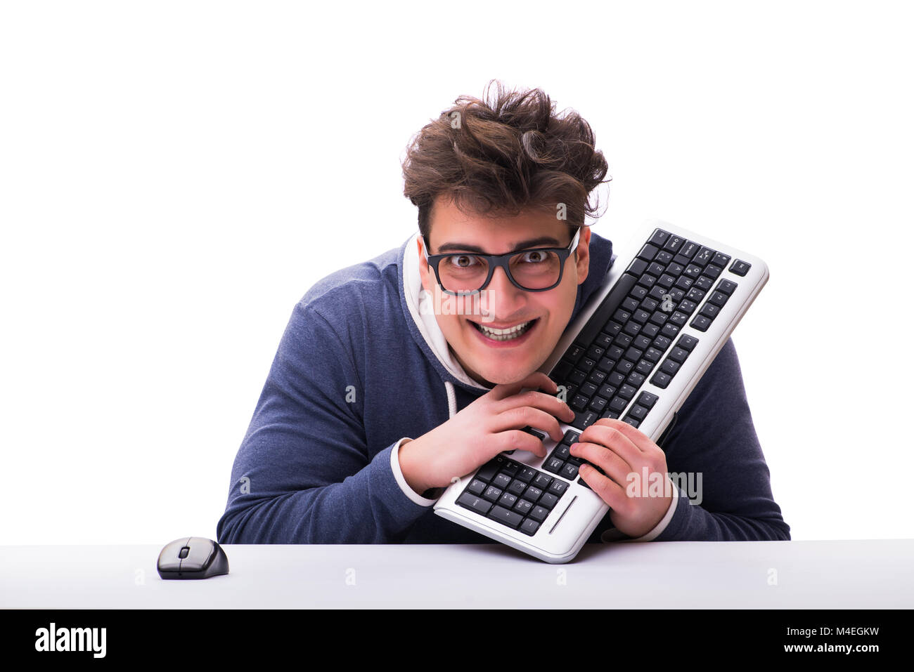 Funny nerd man working on computer isolated on white Stock Photo - Alamy