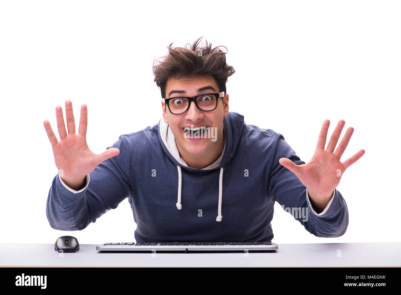 Funny nerd man working on computer isolated on white Stock Photo - Alamy