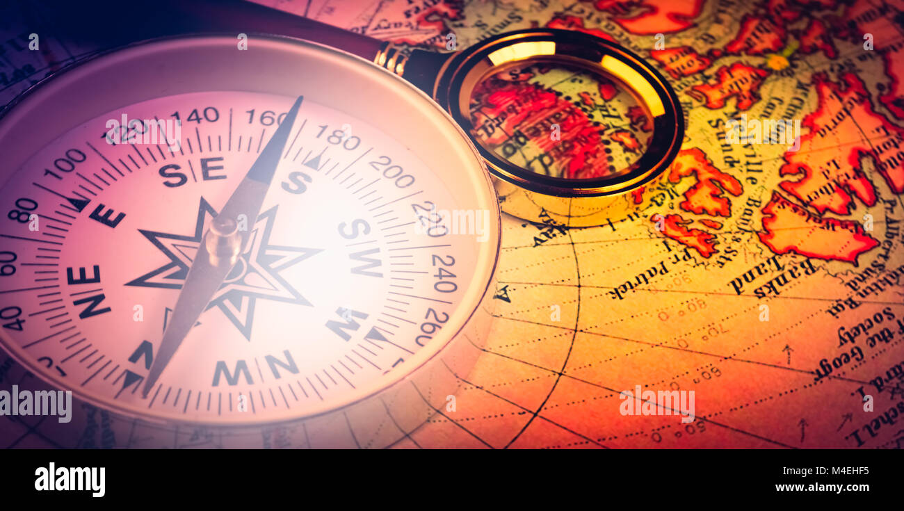 Old compass , magnifying glass hi-res stock photography and images - Alamy