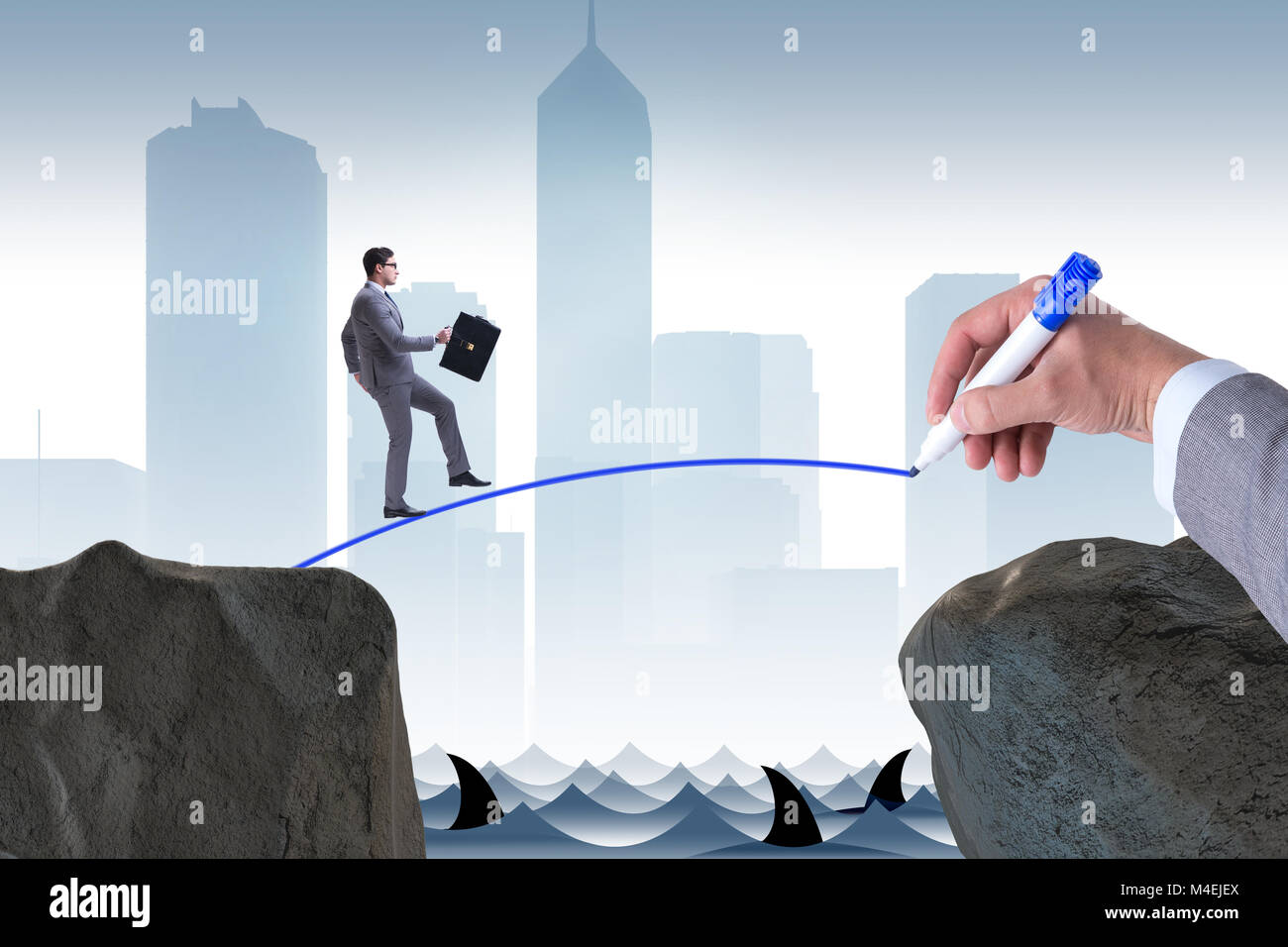 Hand drawing bridge under businessman Stock Photo - Alamy