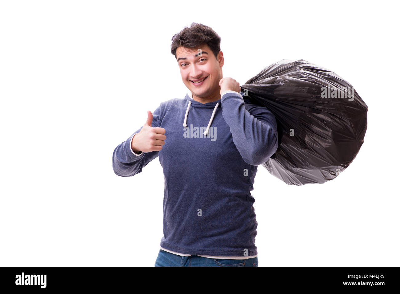 Man with garbage sack isolated on white Stock Photo - Alamy