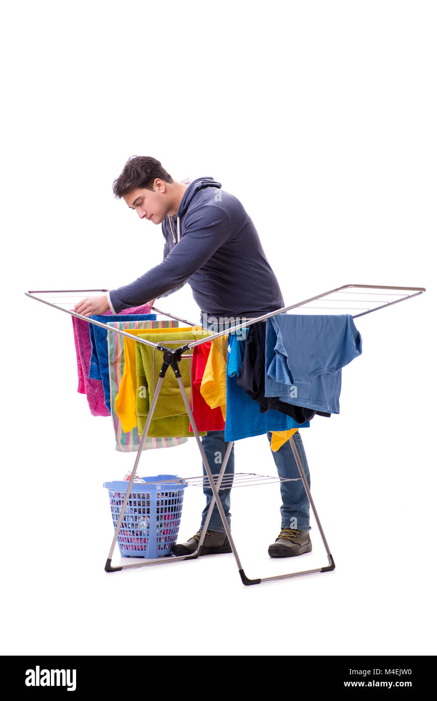 Husband man doing laundry isolated on white Stock Photo - Alamy