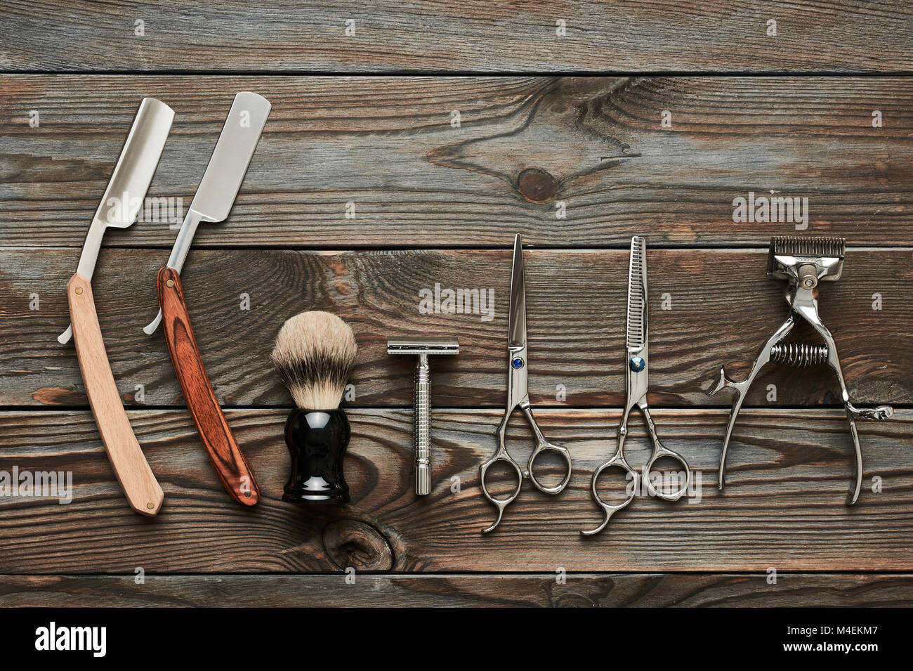 Vintage barber shop tools on wooden background Stock Photo - Alamy