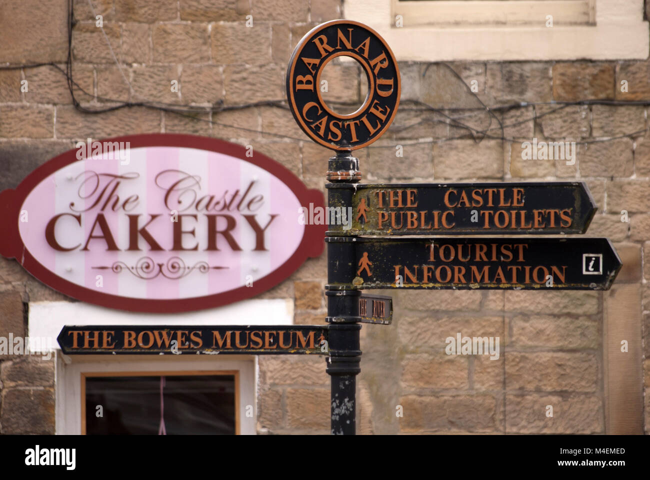 Information sign and cake shop, Barnard Castle, County Durham Stock ...