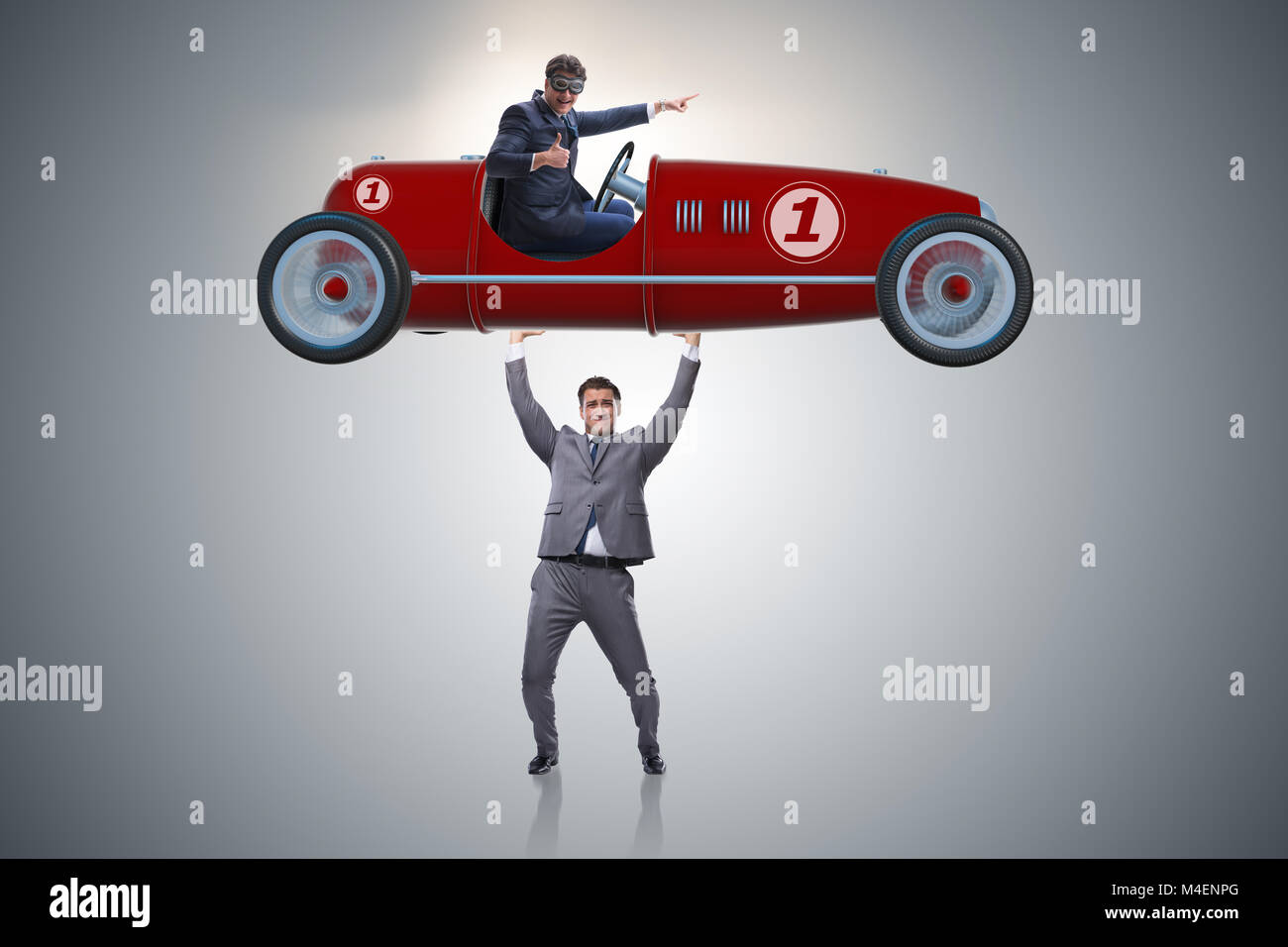 Businessman lifting sports car in power concept Stock Photo - Alamy