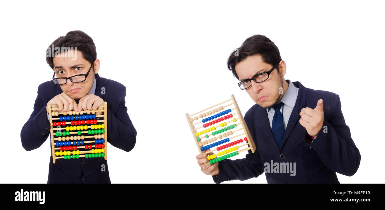 Funny businessman with abacus isolated on the white Stock Photo - Alamy