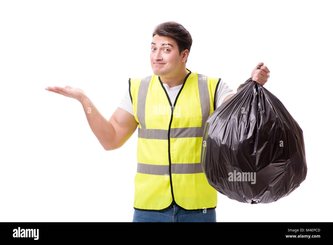 Man with garbage sack isolated on white Stock Photo - Alamy