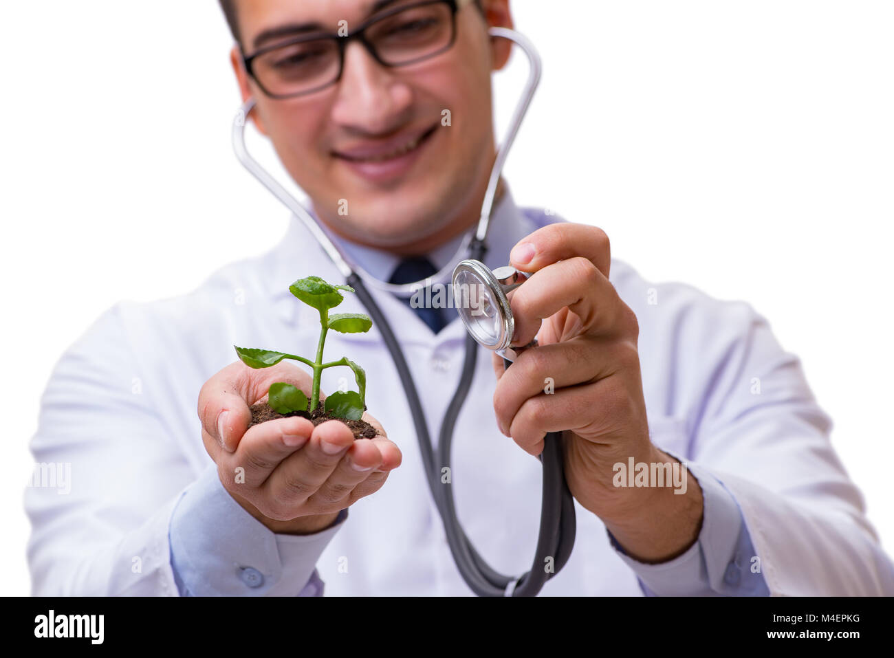 Scientist with green seedling in glass isolated on white Stock Photo ...