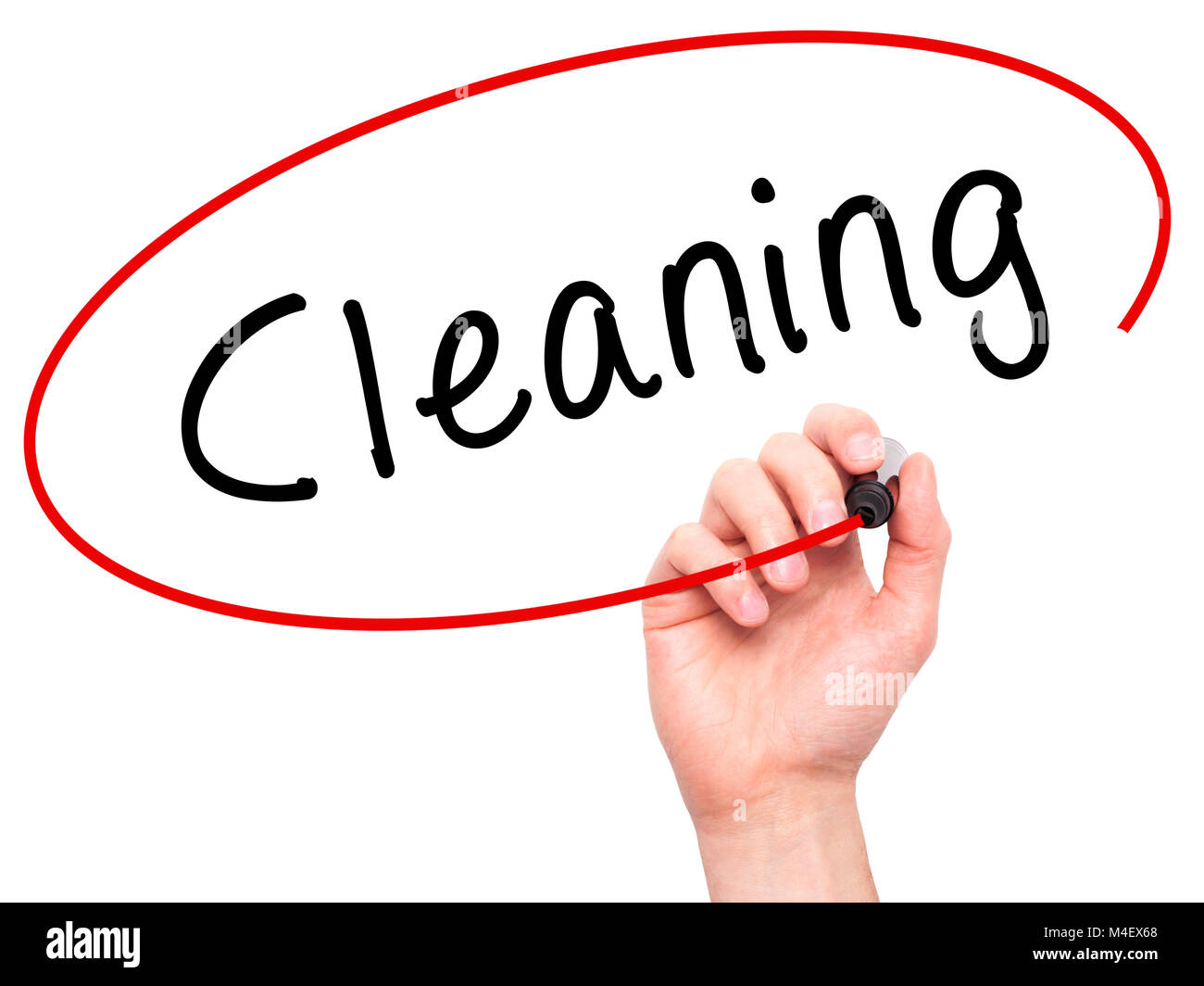 Man Hand writing Cleaning with black marker on visual screen Stock ...