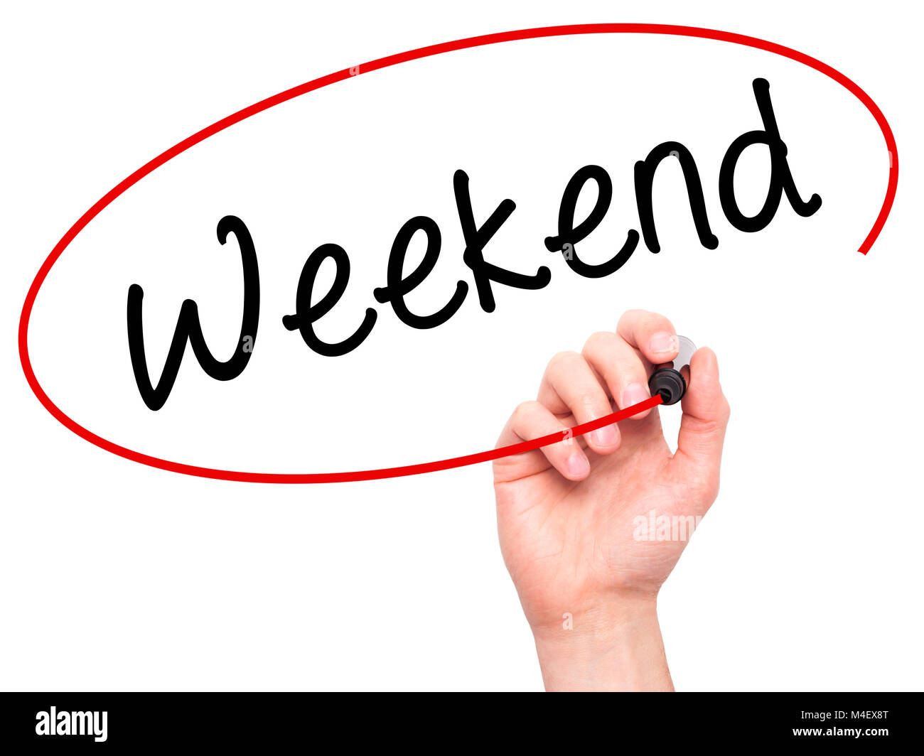 Man Hand writing Weekend with black marker on visual screen Stock Photo ...