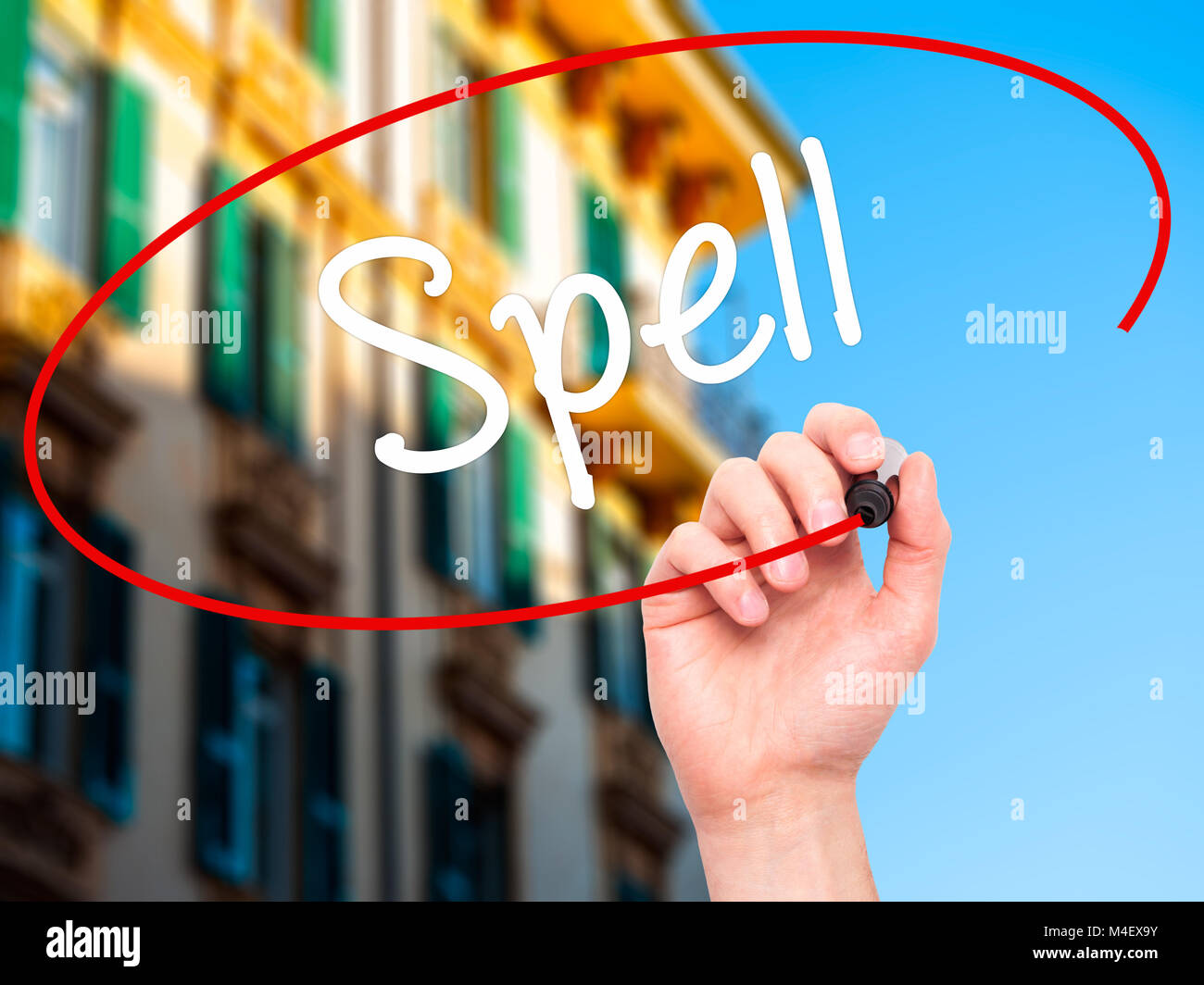 Man Hand writing Spell with black marker on visual screen Stock Photo ...