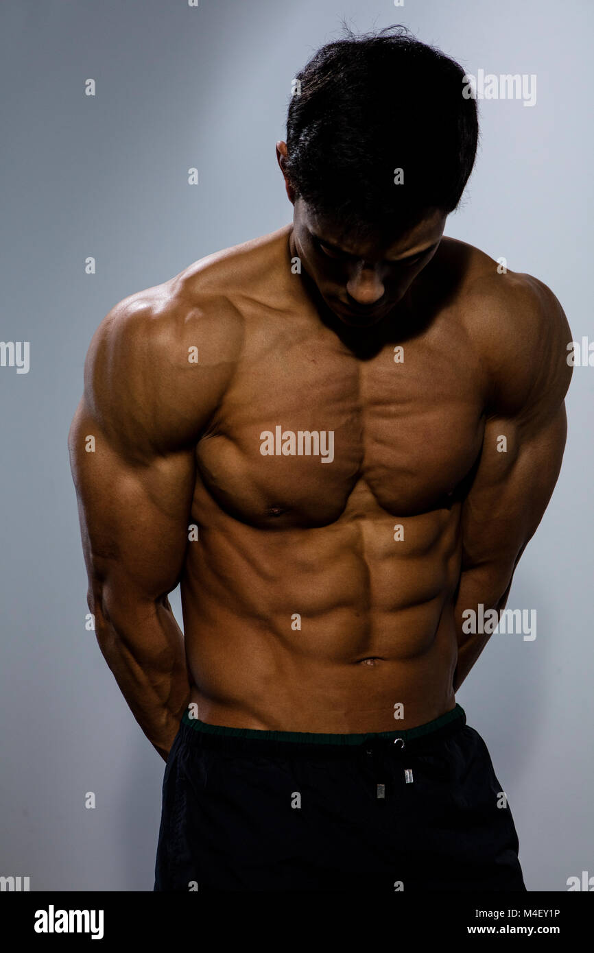 A fitness model torso with the chest muscles tightly flexed. Medium ...