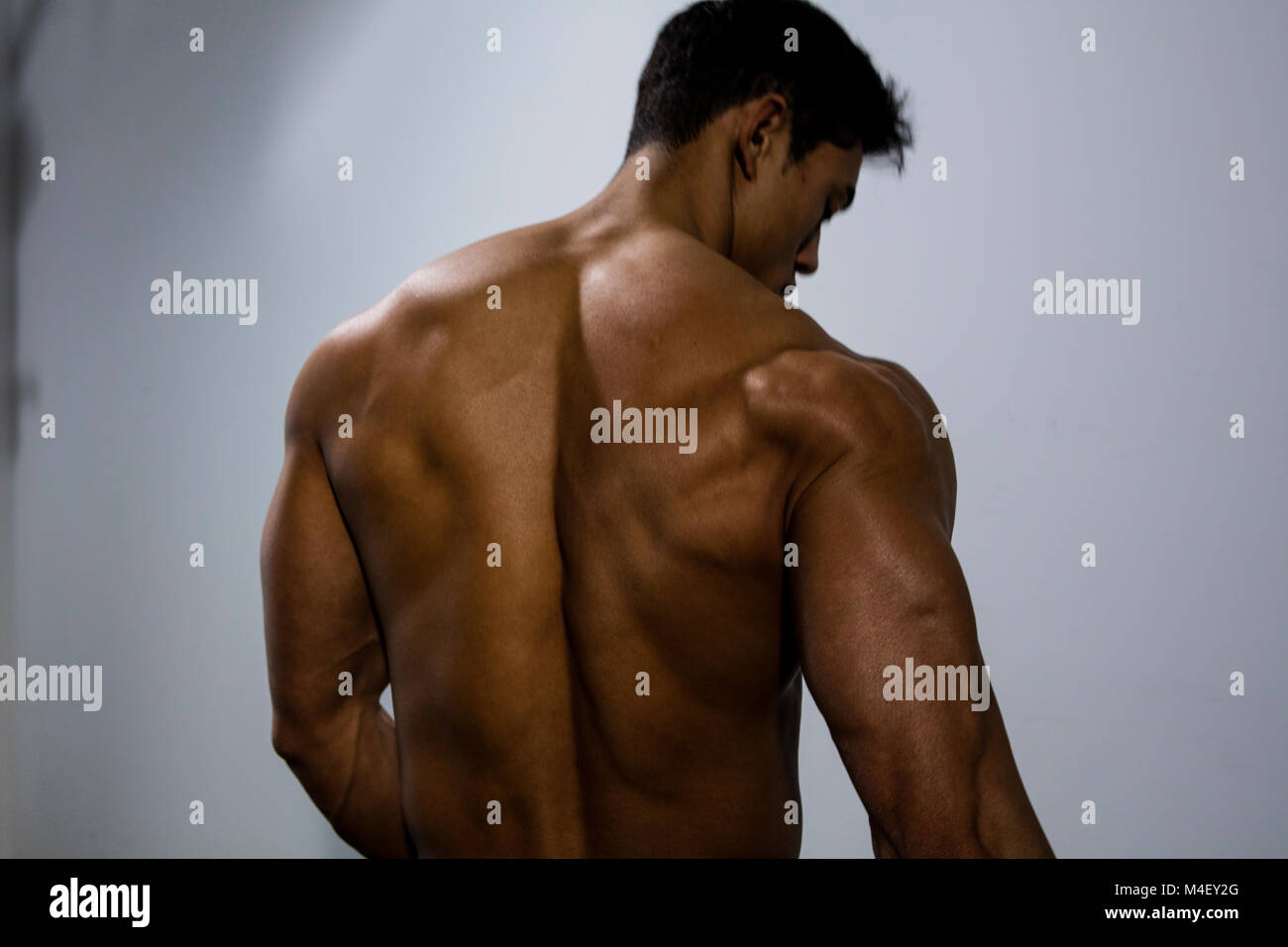 Fitness model displaying his back muscles. Medium shot. Rear View Stock ...