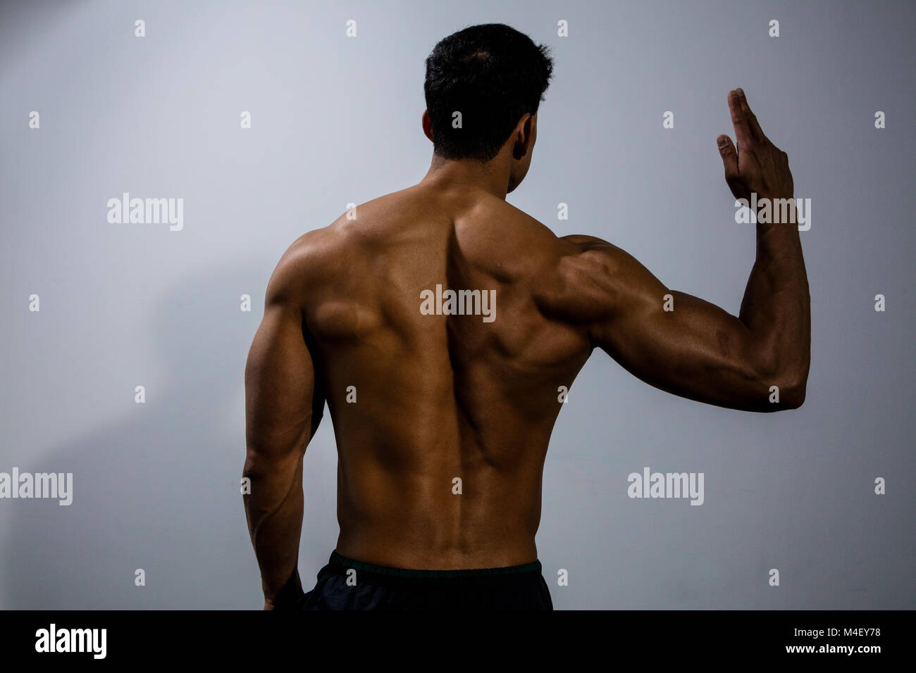Fitness model displaying his back muscles. Medium shot. Rear View Stock ...
