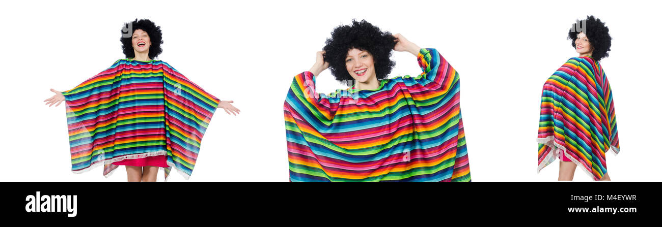 Pretty girl in mexican poncho isolated on white Stock Photo - Alamy