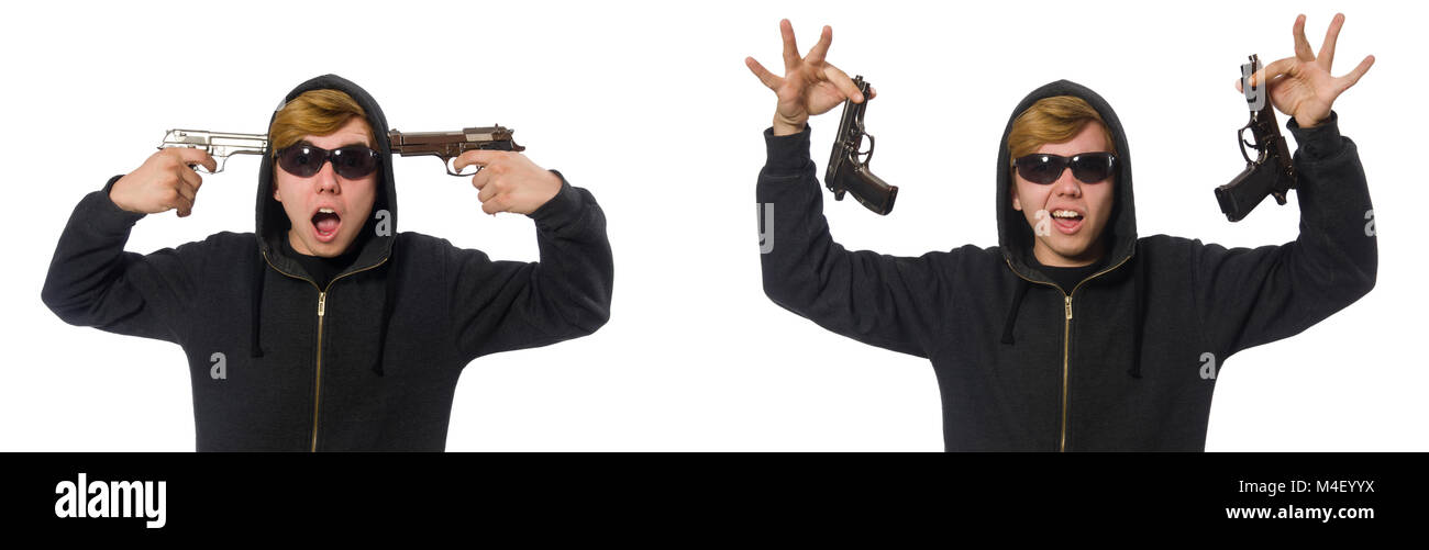 Aggressive man with gun isolated on white Stock Photo - Alamy