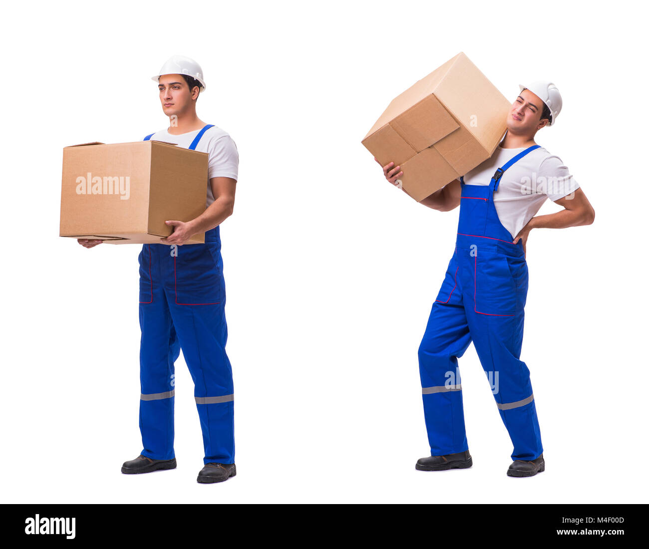 Man delivering box isolated on white Stock Photo - Alamy