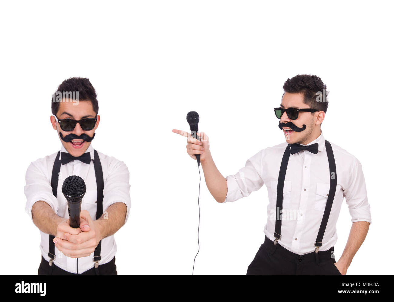Funny man with mic isolated on white Stock Photo - Alamy