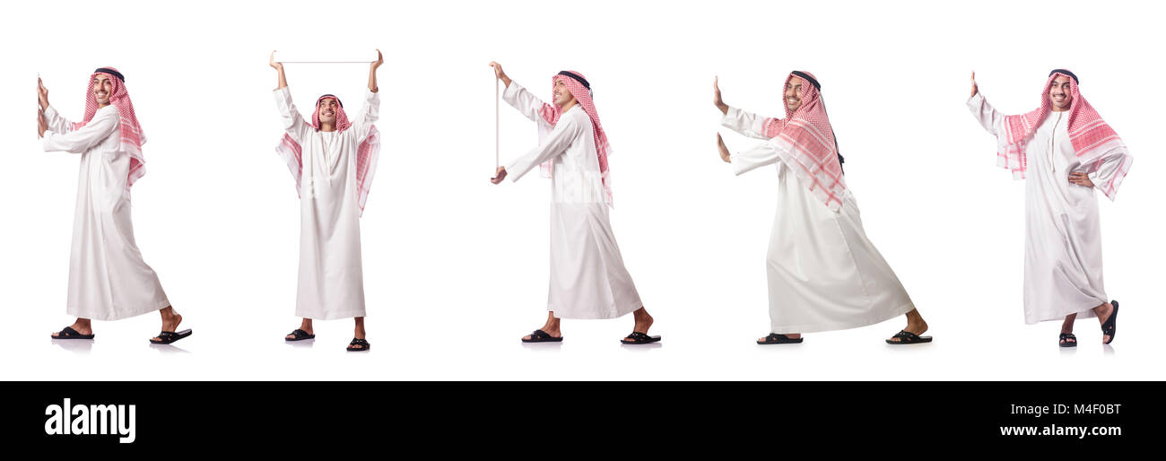 Arab man pushing virtual obstacle on white Stock Photo - Alamy