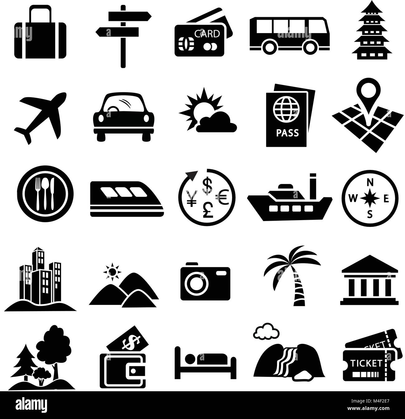 travel icon set of vacation tourism, place, transportation, airplane ...
