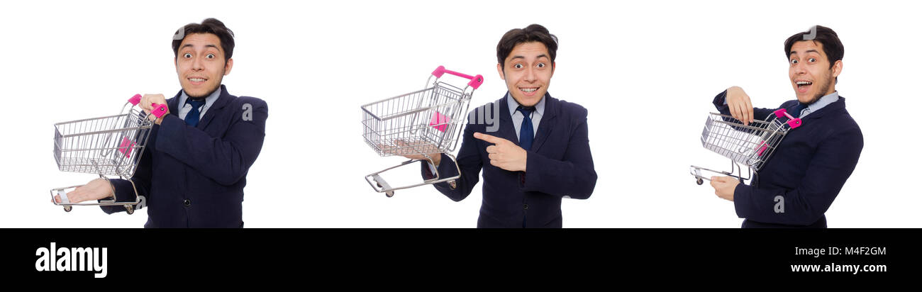 Funny man with shopping cart isolated on white Stock Photo - Alamy