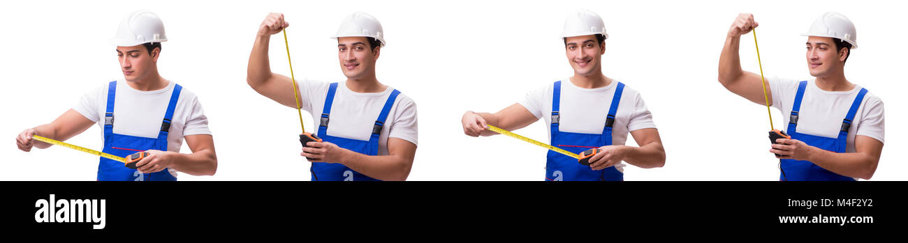 Man with tape measure isolated on white Stock Photo - Alamy