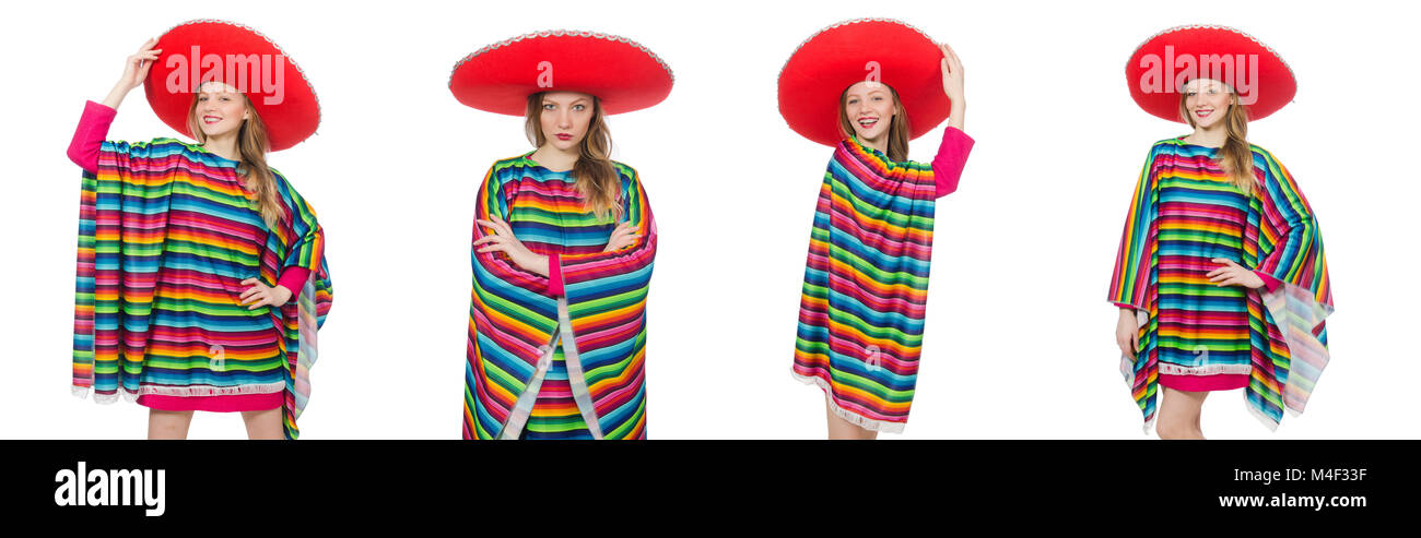 Pretty girl in mexican poncho isolated on white Stock Photo - Alamy
