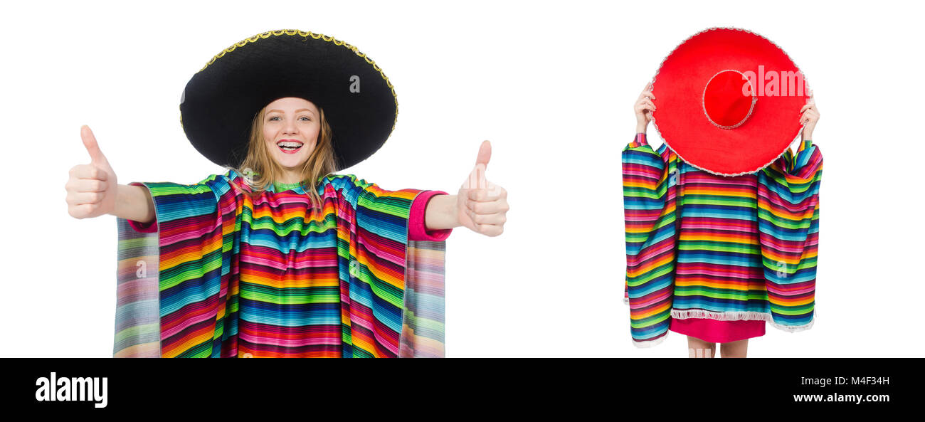 Pretty girl in mexican poncho isolated on white Stock Photo - Alamy