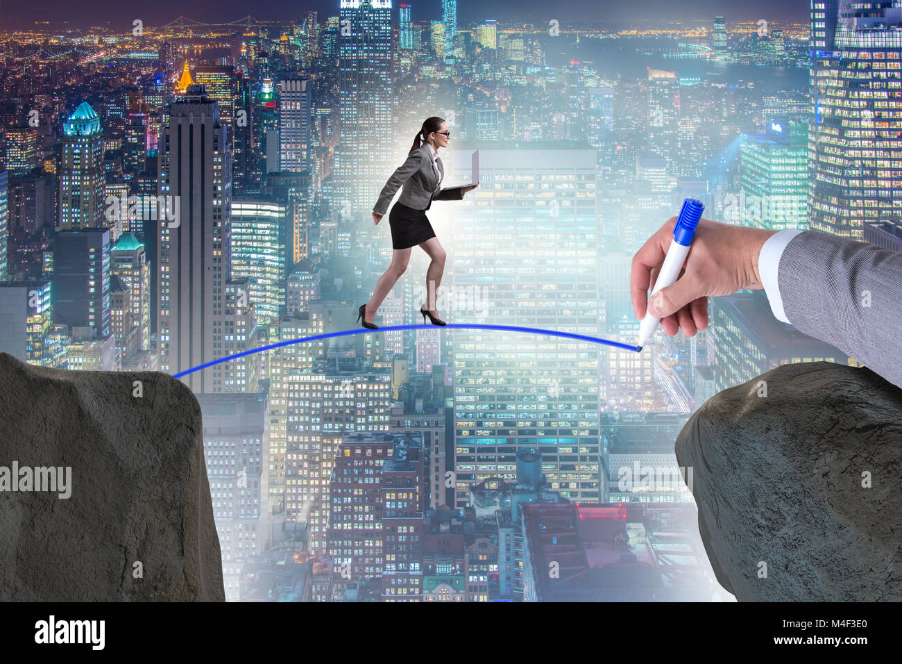 Hand drawing bridge under businesswoman Stock Photo - Alamy