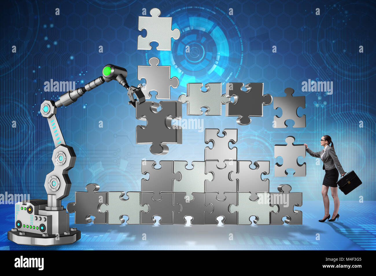 Businesswoman doing jigsaw puzzle with robotic arm Stock Photo - Alamy