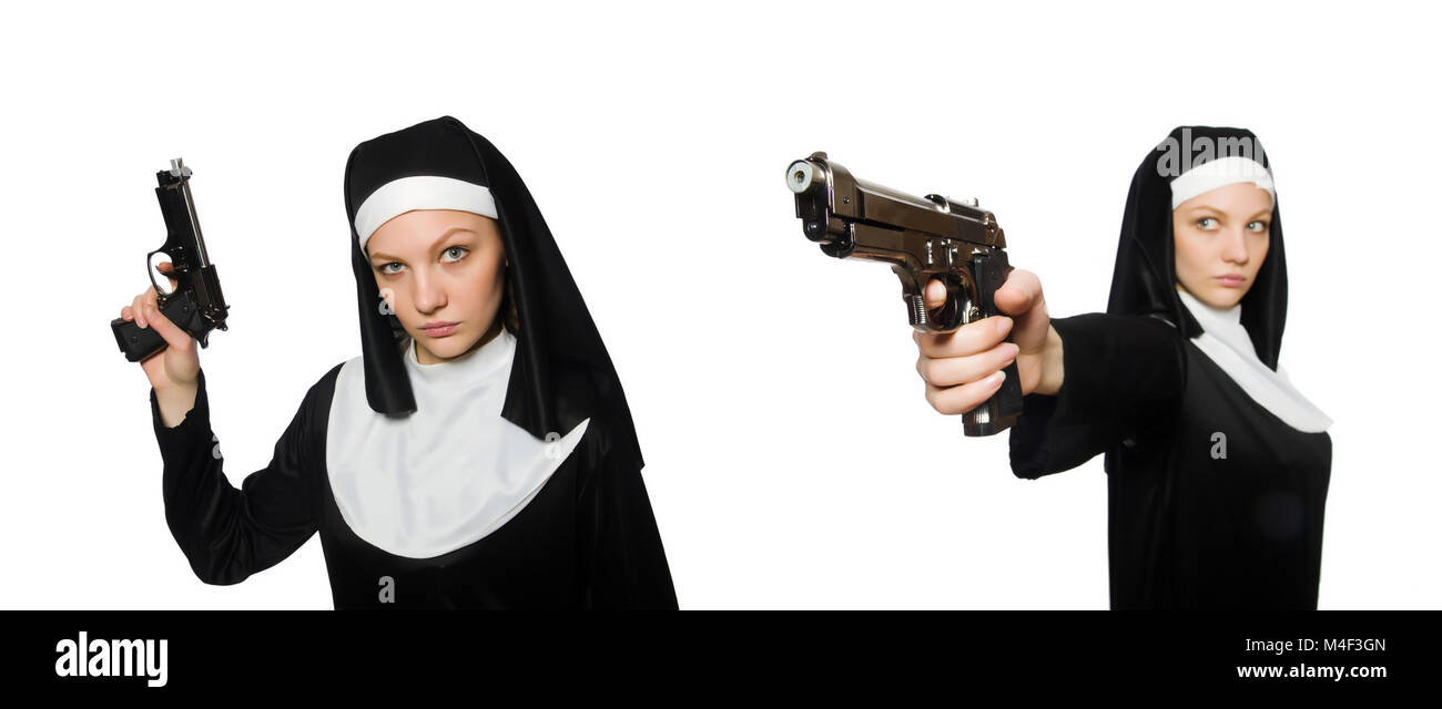 Nun with handgun isolated on white Stock Photo - Alamy