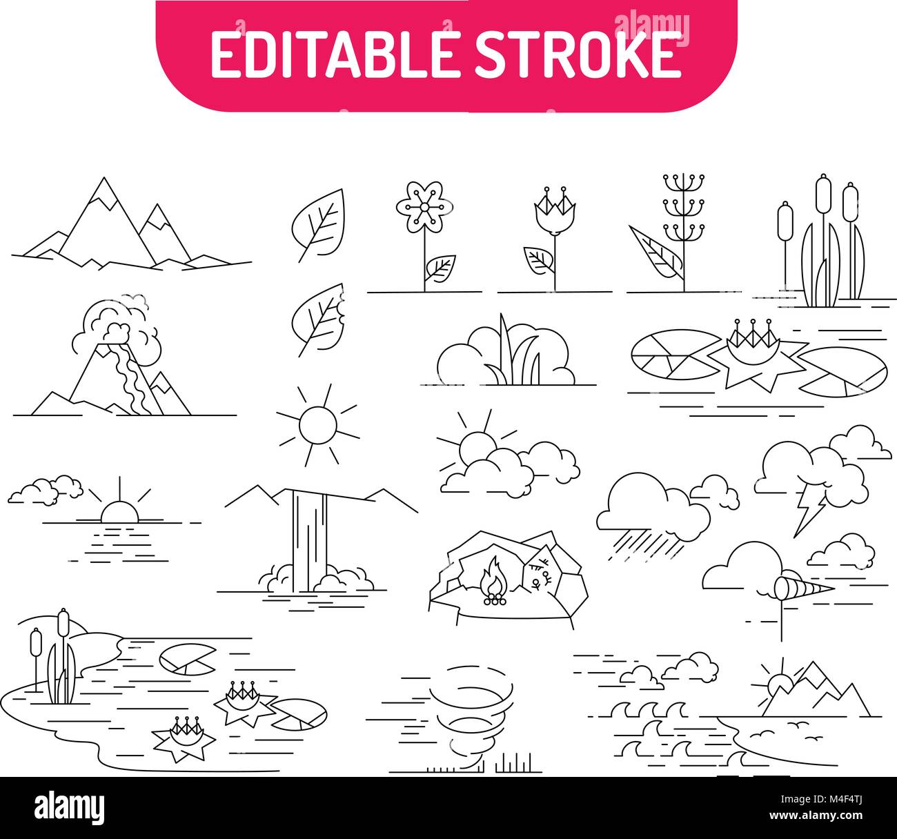 linear set of nature icons. Landscapes with mountains, flowers, river ...