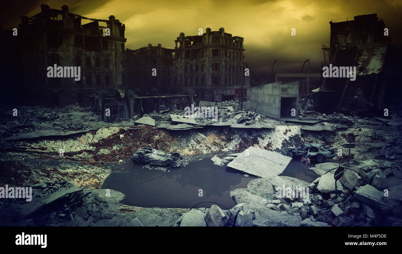 apocalyptic city sunset. Creative 3D illustration Stock Photo - Alamy