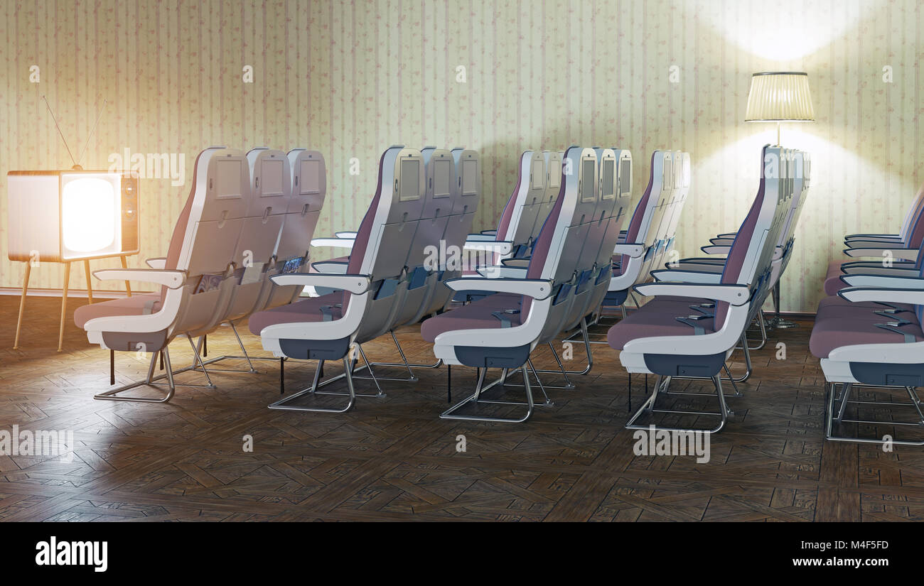 tv watching room as a airplane cabin. 3d rendering concept Stock Photo ...