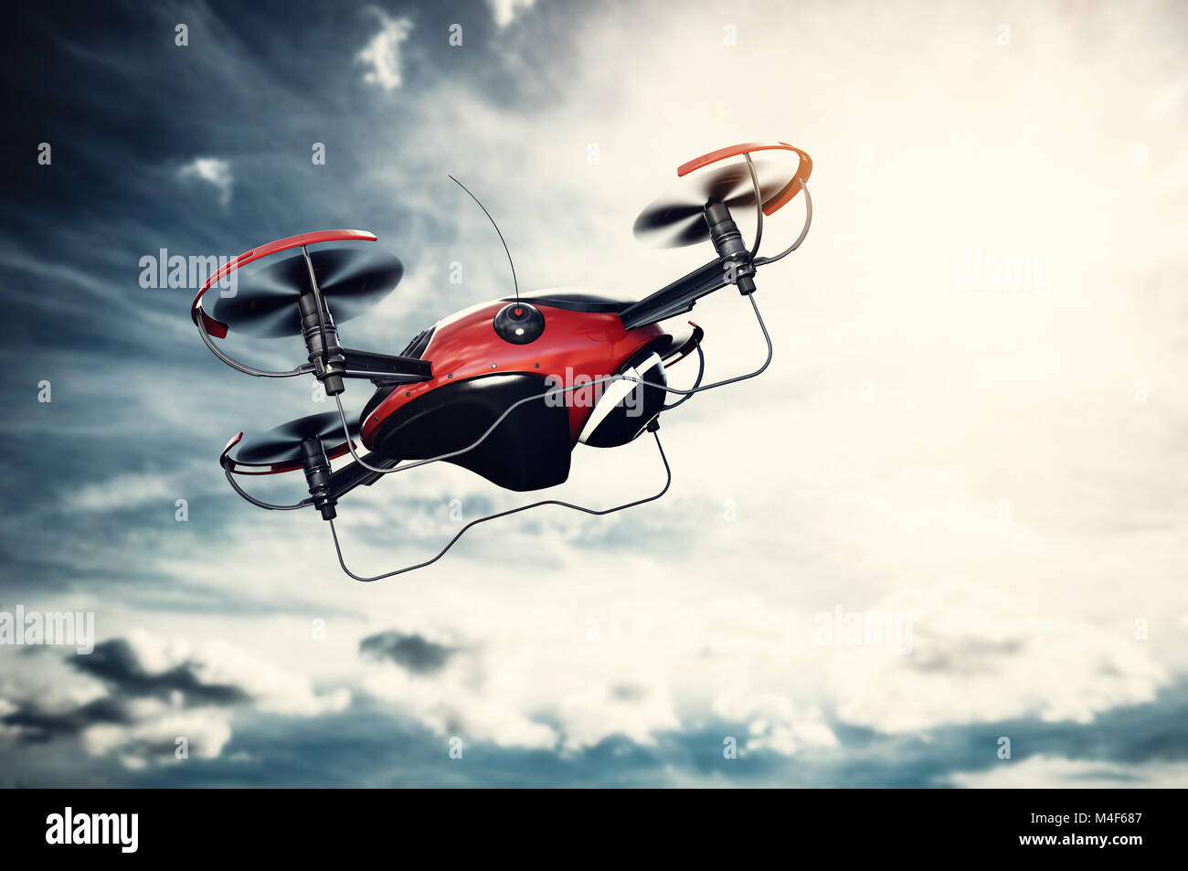 Drone flying at sunset. Sun shining on dramatic sky Stock Photo - Alamy