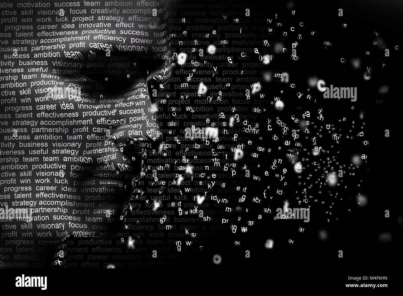 Man face blended with flowing list of motivational words Stock Photo ...