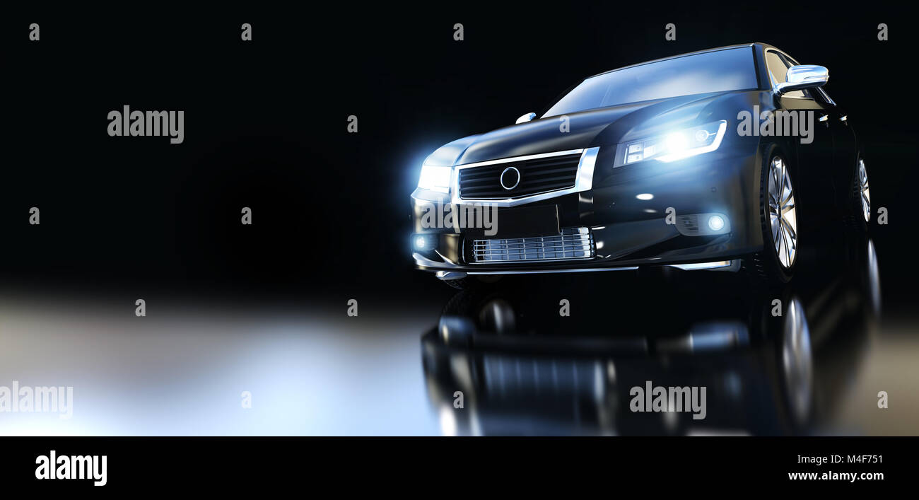 Modern black metallic sedan car in spotlight. Banner Stock Photo - Alamy