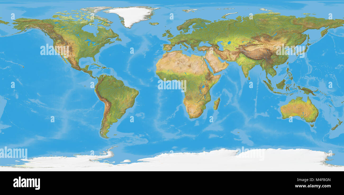 World map, shaded relief. Colored according to natural appearance ...