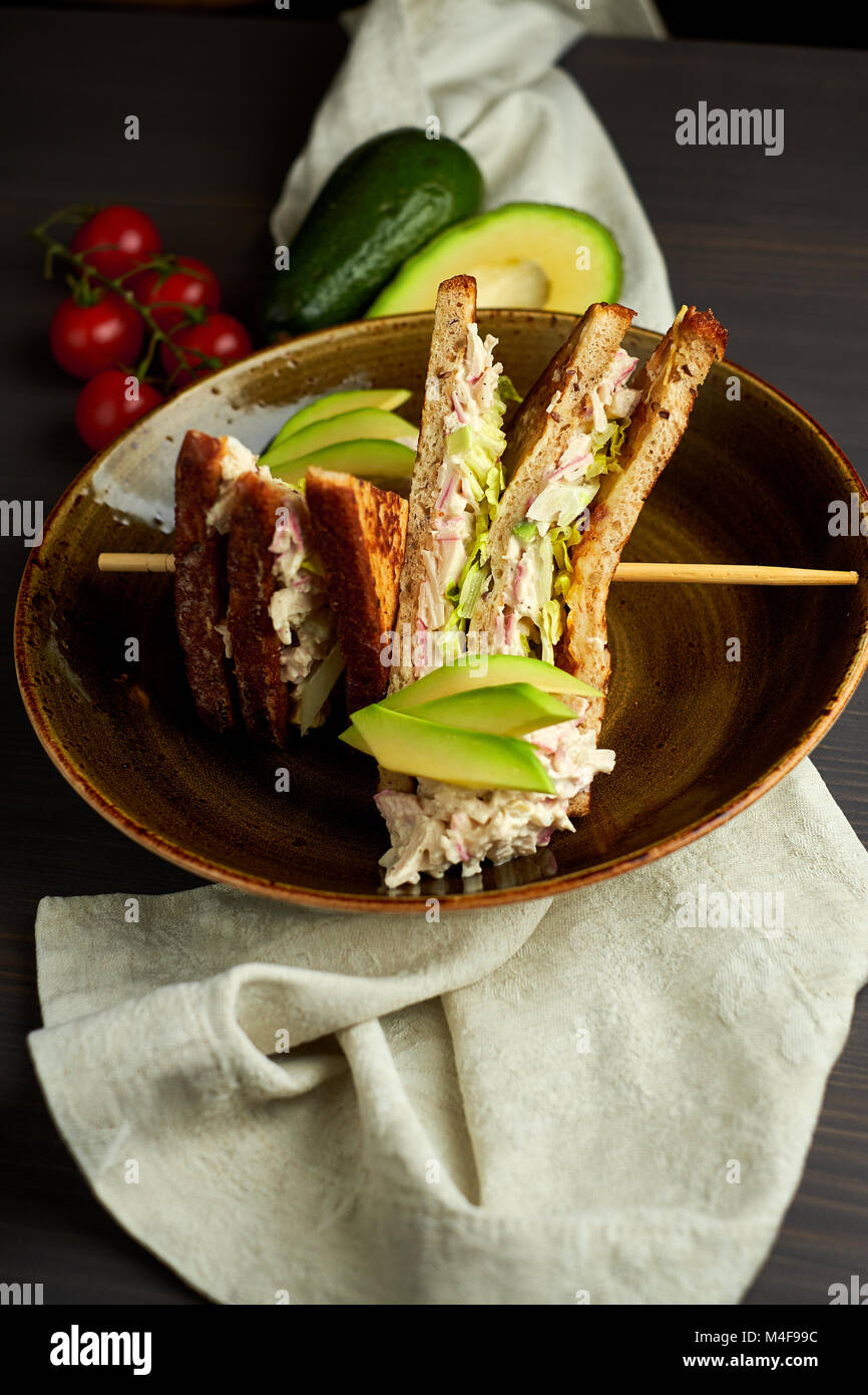 Top view of Healthy Sandwich toast with lettuce, ham, cheese and tomato ...
