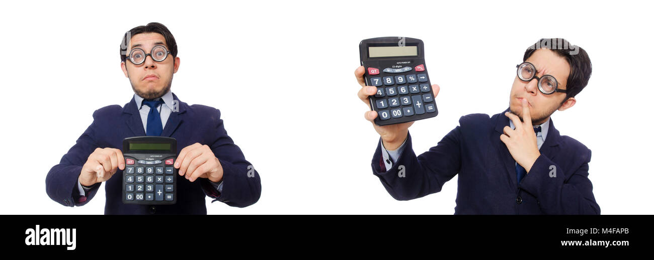 Funny man with calculator isolated on white Stock Photo - Alamy