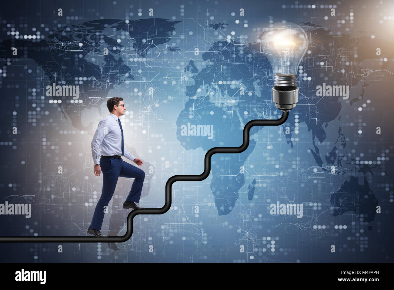 Man climbing career ladder towards bright light bulb Stock Photo - Alamy