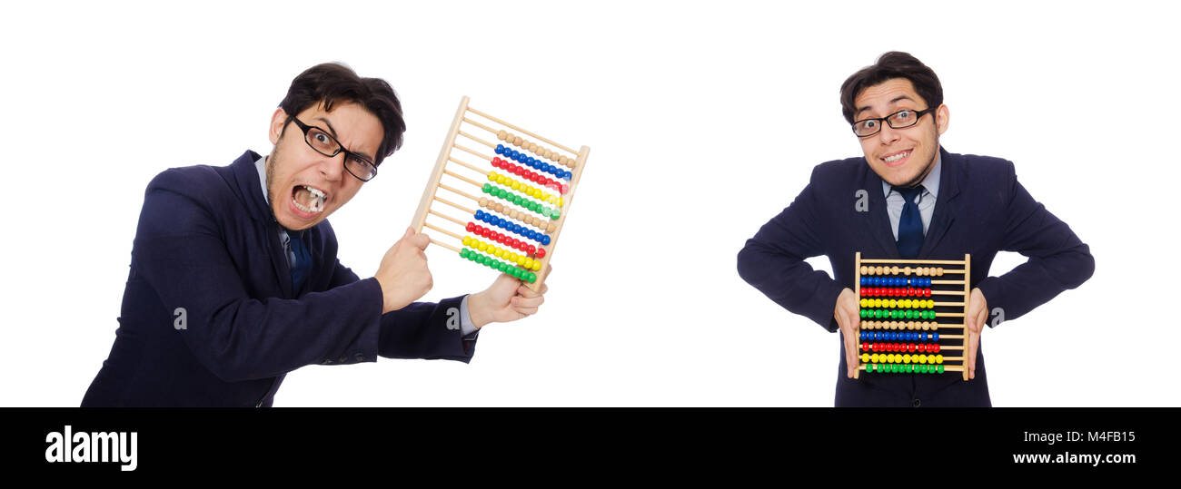 Angry accountant with abacus isolated on white Stock Photo - Alamy