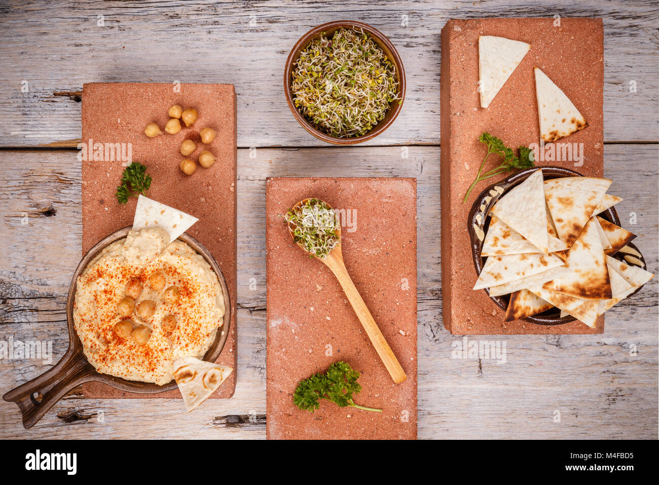 Traditional middle east appetizer: hummus served with fresh pita bread ...