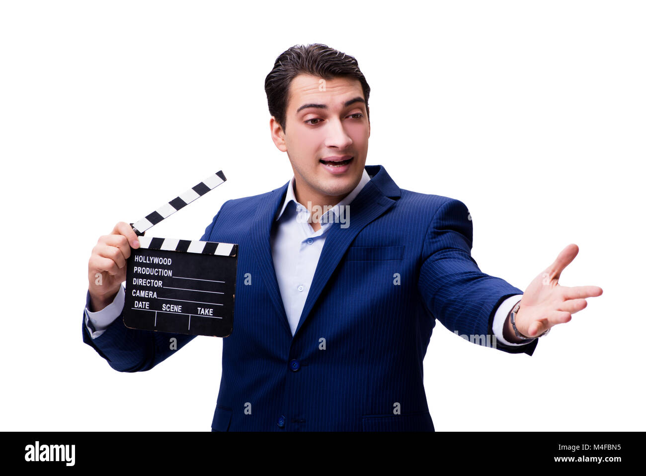 Handsome man with movie clapper isolated on white Stock Photo - Alamy